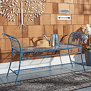 Safavieh PAT5002C Outdoor Collection Hadley Victorian Antique Bench, Mossy Blue
