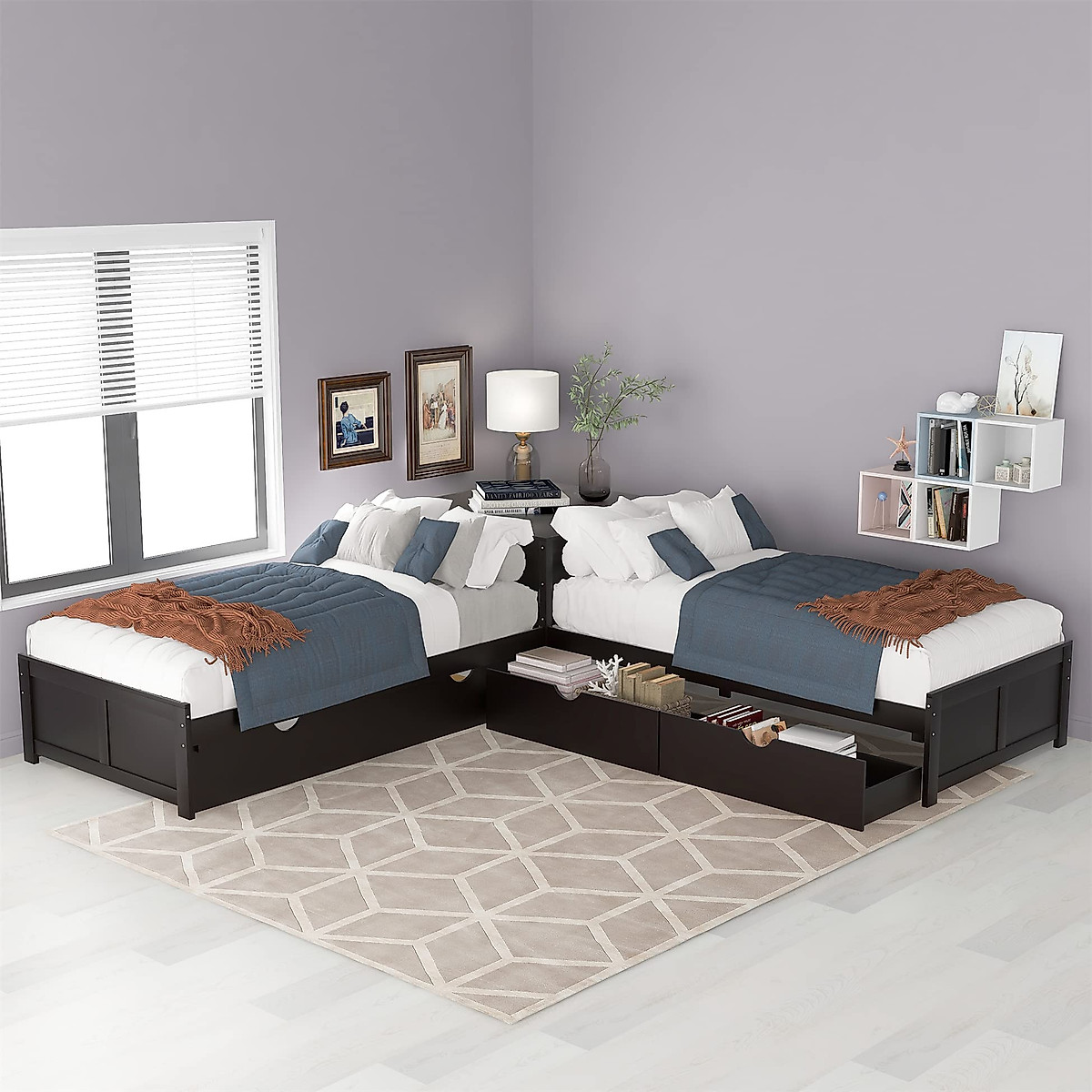 Harper & Bright Designs L-Shaped Platform Bed with Trundle, Wooden Corner Daybed with Storage Drawers and Desk, 3 Beds for Kids Teens Bedroom Furniture (Twin, Espresso)