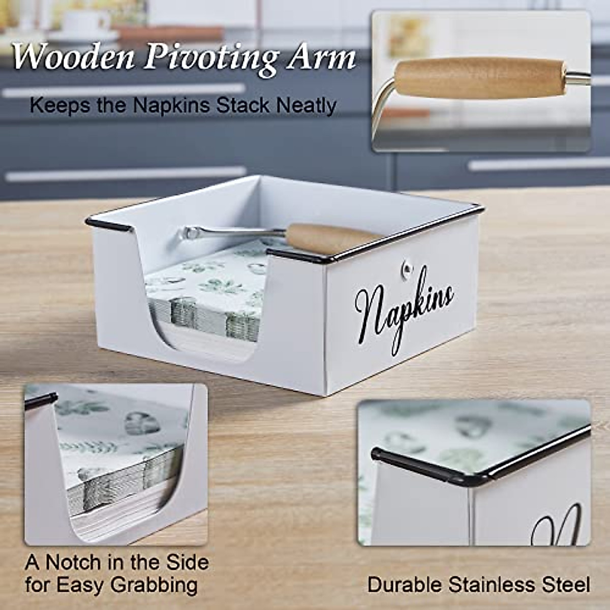 Napkin Holder for Table, Bivvclaz Rustic Metal Napkin Holders for Paper Napkins, Napkin Holders for Kitchen with Wood Accent, Flat Napkin Dispenser for Indoor & Outdoor Use, White
