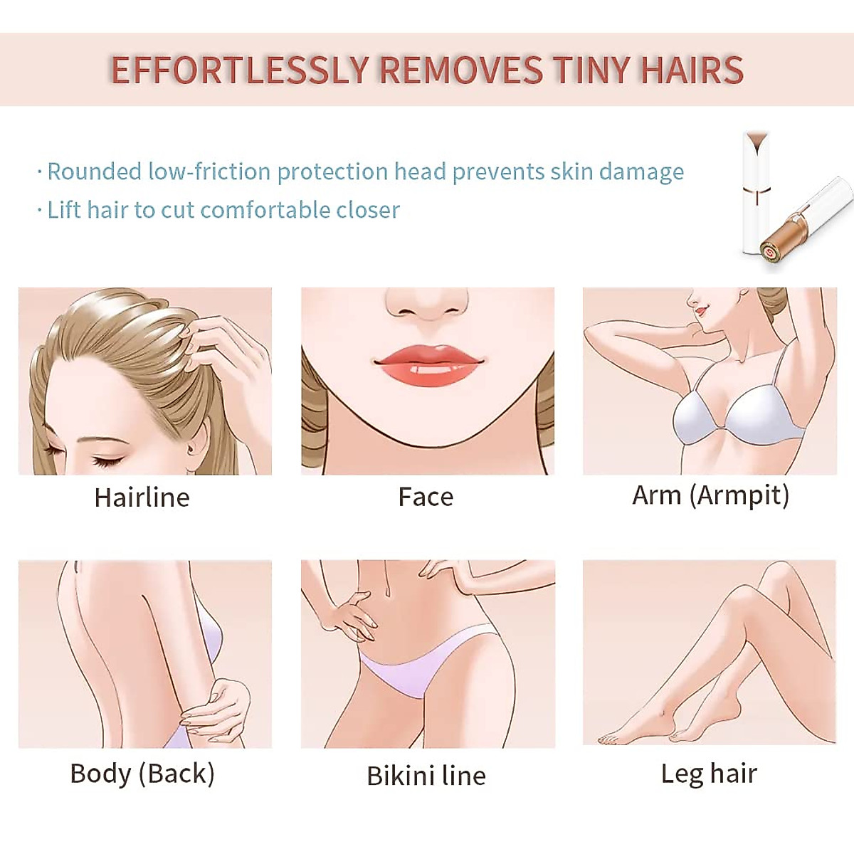 MEIYIXIN Facial Hair Removal Lipstick Hair Remover for Women Face Portable Painless Waterproof, Battery Powered Electric Hair Shaver Razor for Cheek, Chin, Lip and Neck