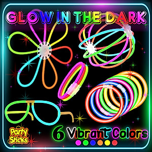 PartySticks Bulk Party Supplies 205 Piece Glow in The Dark 100 Glow Sticks with Eye Glasses, Bracelets, and Connectors