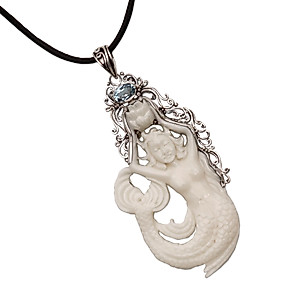 NOVICA Artisan Blue Topaz and Bone Pendant Necklace Sterling Silver Mermaid Leather Indonesia Animal Themed Birthstone Sea Lifemermaid [19.75 in L 2 mm W Pendant(s) 3 in H x 1.4 in W x 0.3 in D] '