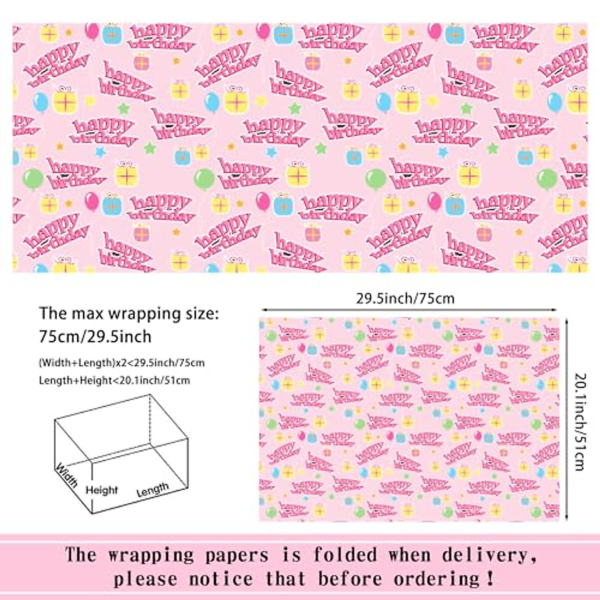 Mpanwen Birthday Wrapping Paper for Girls Kids, 12 Sheets Cake Rainbow Gift Design Wrap Paper for Girls Birthday - 20 x 29.5 Inches Per Sheet