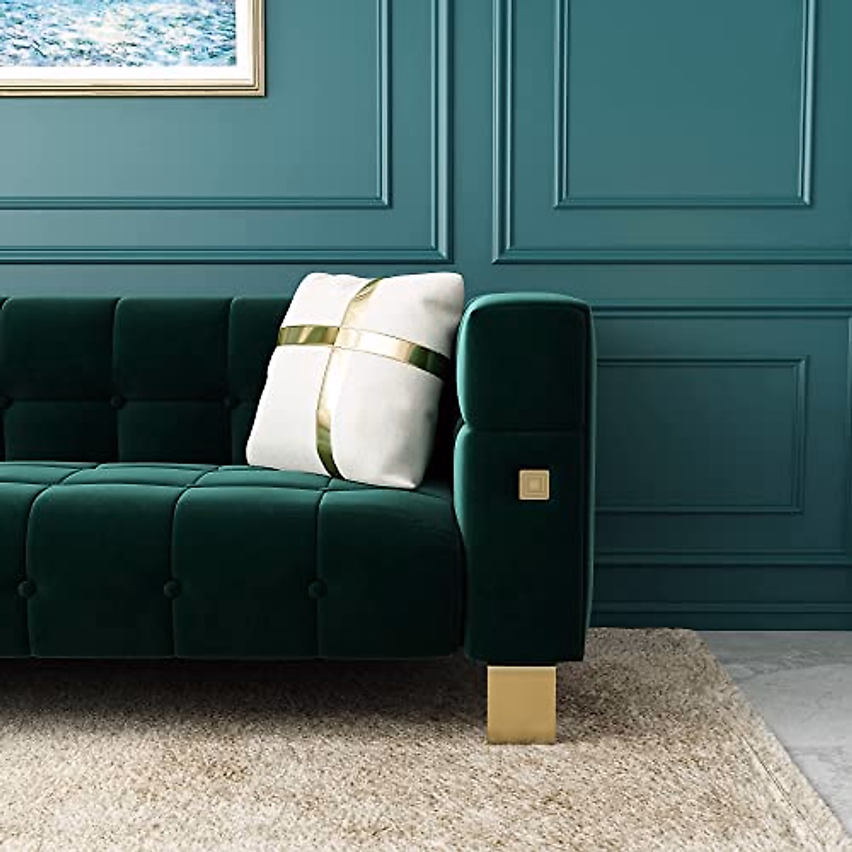 ANTTYBALE 2PCS Mid Century Modern Button Tufted Velvet Living Room Couch Loveseat Sofa with Gold Metal Legs and 2 Throw Pillows, 89 inch (2pcs Green)