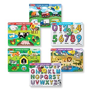 Melissa & Doug Wooden Peg Puzzle 6 Pack Numbers, Letters, Animals, Vehicles