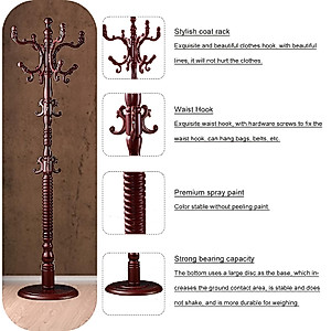 SerHirst Coat Rack Freestanding, Wooden Coat Tree Stand with 14 Hooks, Easy Assembly with Stable Disc Base for Bedroom, Hallway, Entrance Office for Hats, Coats, Scarves (Mahogany color)