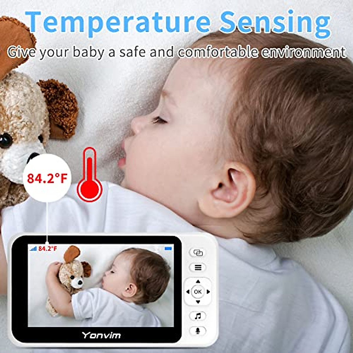 Yonvim Baby Monitor, 4.3" Color LCD Video Baby Monitor with Camera and Audio, No WiFi Needed, Night Vision, Long Range, Two-Way Talk, Temperature Sense, 4X Zoom, Feeding Reminder, 5 Lullabies