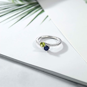Gem Stone King 925 Sterling Silver Green Peridot and Blue Sapphire Bypass Ring For Women (0.89 Cttw, Gemstone August Birthstone, Round 4MM, Available In Size 5, 6, 7, 8, 9)