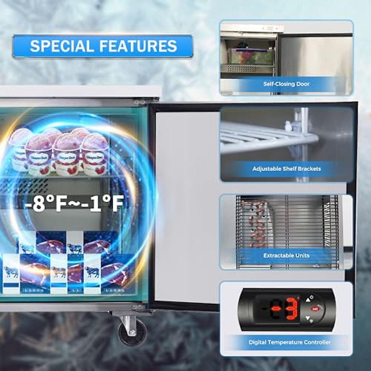 ORIKOOL 48" Commercial Under Counter Freezer 2 Doors 14 Cu.ft Undercounter Work Top Freezers ETL Approved