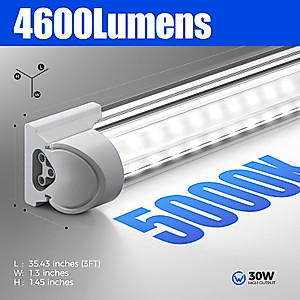 Barrina LED Shop Light, 3Ft 30W 4600LM 5000K, Daylight White Hight Output Linkable for Workshop, V Shaped Clear Cover T8 LED Shop Lights for Garage, 3 Foot (Pack of 6)