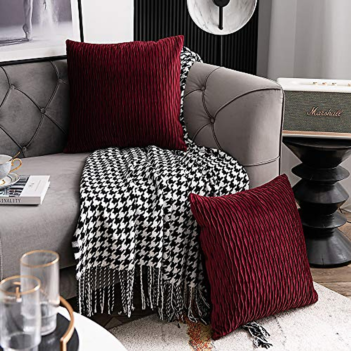 DEZENE Wine Red Throw Pillow Covers: 2 Pack 18x18 Inch Original Striped Velvet Square Decorative Pillow Cases for Farmhouse Couch