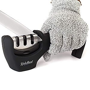 4-in-1 Kitchen Knife Accessories: 3-Stage Knife Sharpener Helps Repair, Restore, Polish Blades and Cut-Resistant Glove (Black)