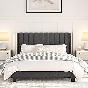 Yaheetech Queen Size Bed Frame, Upholstered Platform Bed with Wing Edge Channel Headboard, Square Tufted Fabric/Mattress Foundation/Wooden Slats Support/No Box Spring Needed/Easy Assembly/Dark Gray