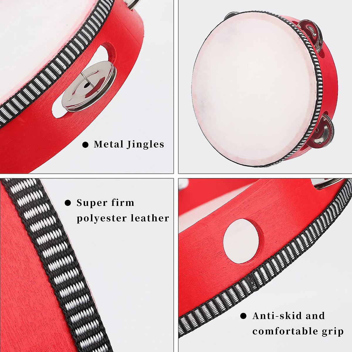 Dreokee 6 Inch Tambourine Red Wooden Handheld Tamborine with 4 Pair Metal Jingle Bells Percussion Instrument Musical Instrument Tambourines for Adults Party Education Church