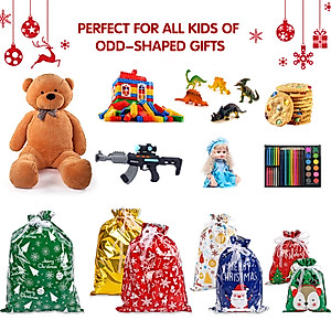 Superlele Christmas Drawstring Gift Bags 32pcs Assorted Sizes Christmas Bags Foil Wrapping Sacks Pouches Santa Goody Bags in 4 Sizes and 7 Designs for Xmas Holiday Presents Party Favor