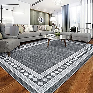 RUGSREAL Large Area Rug 9x12 Bordered Rug Indoor Outdoor Rug Solid Rug Soft Modern Geometric Boho Rug, Non-Slip Rugs for Living Room, Foldable Machine Washable Area Rug (9x12,Grey)