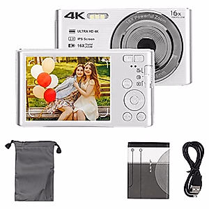 Compact Camera, 48MP Image Resolution Built in Fill Light Compatible 256GB Memory Card Rechargeable Lithium Ion Battery 4K Digital Camera for(Silver)