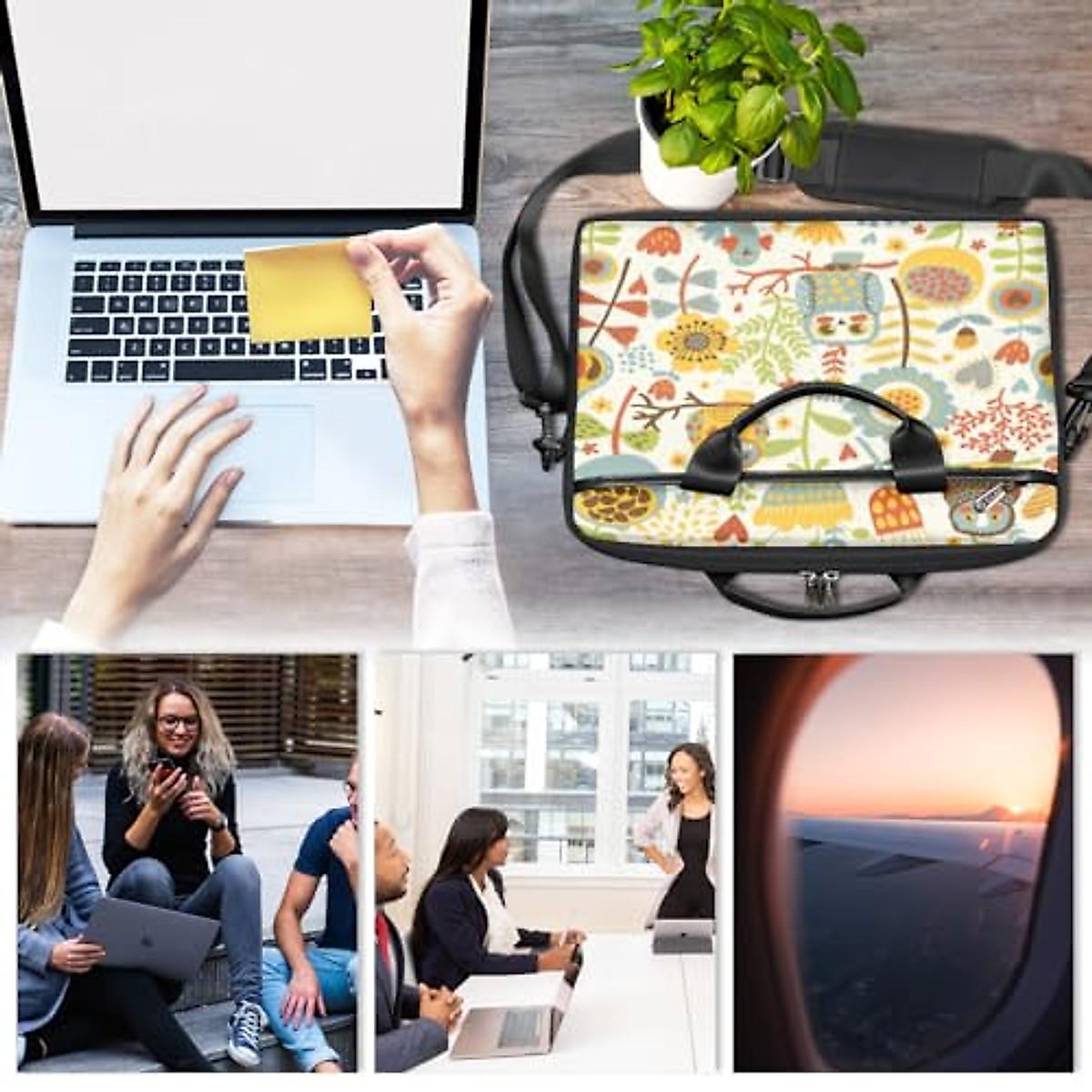 Colorful Owl Floral Laptop Computer Bag Waterproof Shoulder Messenger Bag 13-15 inch Durable Laptop Tote Bag with Shoulder Strap Handle Lightweight Crossbody Briefcase