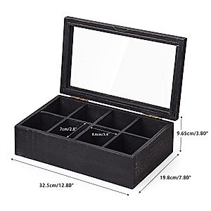 Alsonerbay Wooden Tea Box Tea Bag Holder Kitchen Storage Chest Box for Spice Pouches and Sugar Packets with 8 Compartments and Glass Window Weathered Black