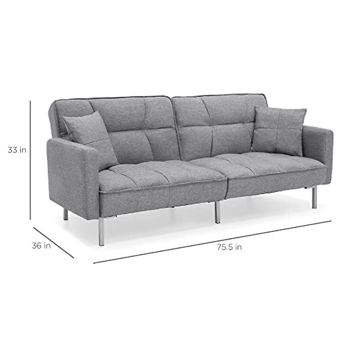 Best Choice Products Convertible Linen Fabric Tufted Split-Back Plush Futon Sofa Furniture for Living Room, Apartment, Bonus Room, Overnight Guests w/ 2 Pillows, Wood Frame, Metal Legs - Dark Gray