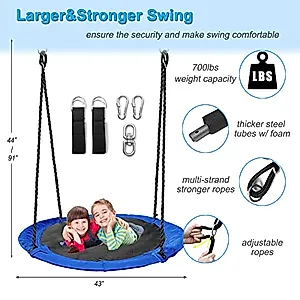43” Saucer Tree Swing,700lbs Weight Capacity,Waterproof Textilene 360 Degree Rotation w/ 1 Swivel,2 Adjustable Ropes&2 Hanging Straps,Easy to Install,for Kids Adults Backyard,Playground(Blue)