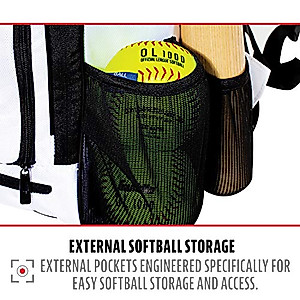 Franklin Sports Fastpitch Softball Bat Bag - USA Traveler Elite Bat Backpack - Girls + Women's Equipment Batpack - Fits Helmets, Cleats + (2) Bats - White