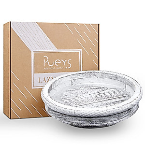 PUERSI Farmhouse Wood Lazy Susan for Table, Christmas Centerpiece for Dining Room Table, Rustic Decorative Wooden Round Turntable - 13 Inch, White