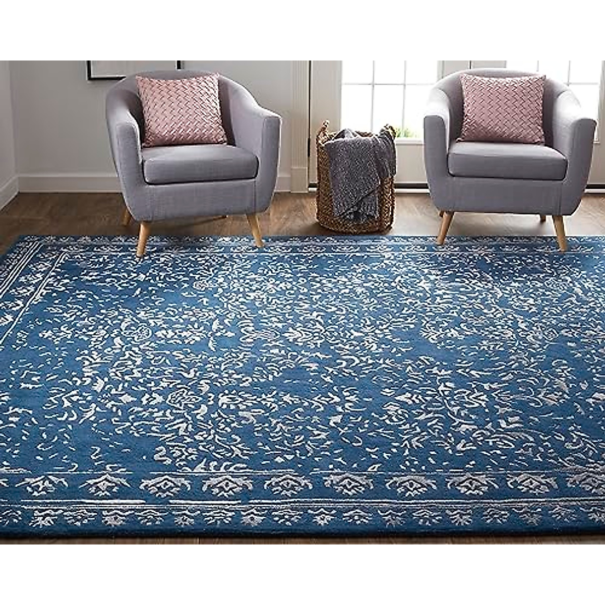 Feizy Bella High/Low Floral Wool Rug, Vallarta Blue/Silver Gray, 8ft x 10ft Area Rug