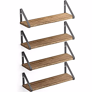 Wallniture Ponza 17"x4.5" Floating Shelves Wall Mounted Set of 4, Wall Shelves for Bedroom, Bathroom, Living Room, Kitchen, Natural Burnt Rustic Wood Wall Decor with Metal Floating Shelf Bracket