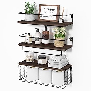 upsimples Bathroom Shelves with Storage Basket, Wall Shelves Over Toilet with Towel Bar and Paper Holder, Farmhouse Wood Floating Shelf for Bedroom, Living Room, Kitchen, Office, Dark Brown Set of 3