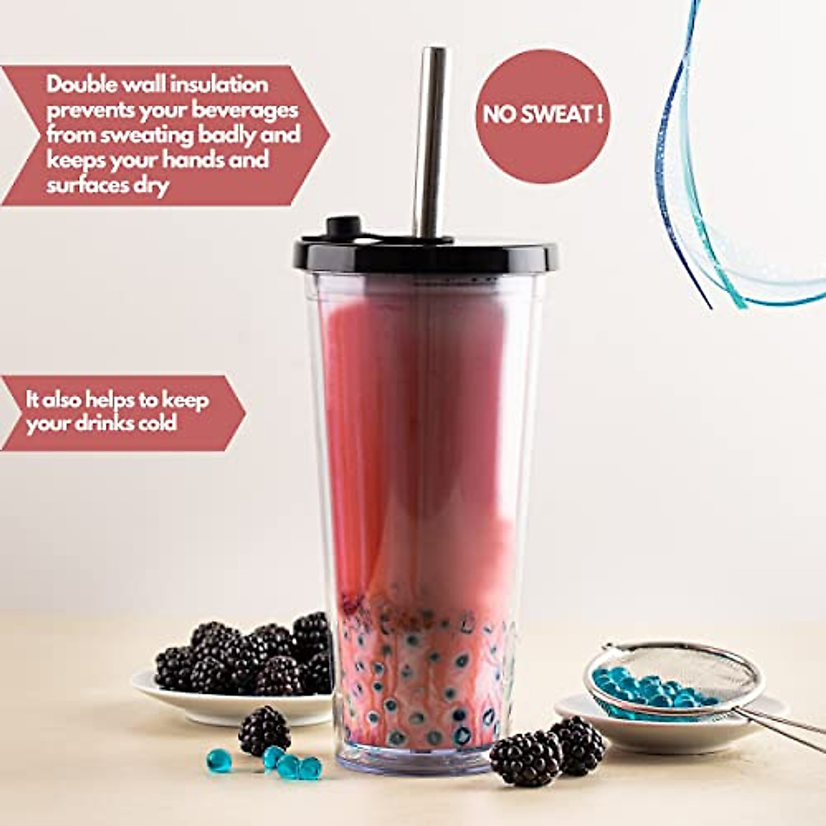 24 oz Reusable Boba Cup Smoothie Tumbler with Resealable Lid Plug, Double Wall Insulated, Boba Tea Kit, Leakproof Bubble Tea Cup, Reusable Boba Straw for Boba Pearls, Bubble Tea Kit, Boba Kit (Black)