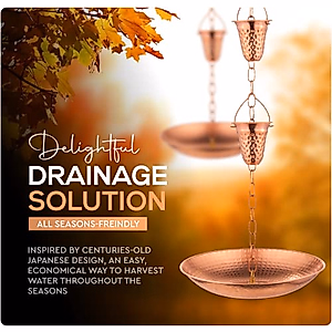 Marrgon Copper Anchoring Basin – Hammered Metal Bowl for Rain Chain Downspout Gutters – Beautiful Decorative Fountain Dish Display for Outdoor Garden, Lawn & Patio Water Feature – 11” Wide x 2” High