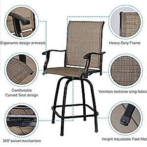 PATIO TREE Outdoor Height Swivel Bar Stools, Patio Textilene Mesh Fabric Height Bistro Chairs with Curved Backrest and Armrest, Set of 2