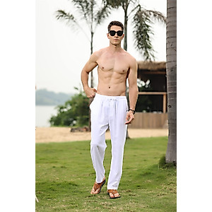 EndoraDore Men's Linen Cotton Pants Slim Fit Joggers Pants Athletic Workout Elastic Trousers Pants Beach Vacation Lightblue