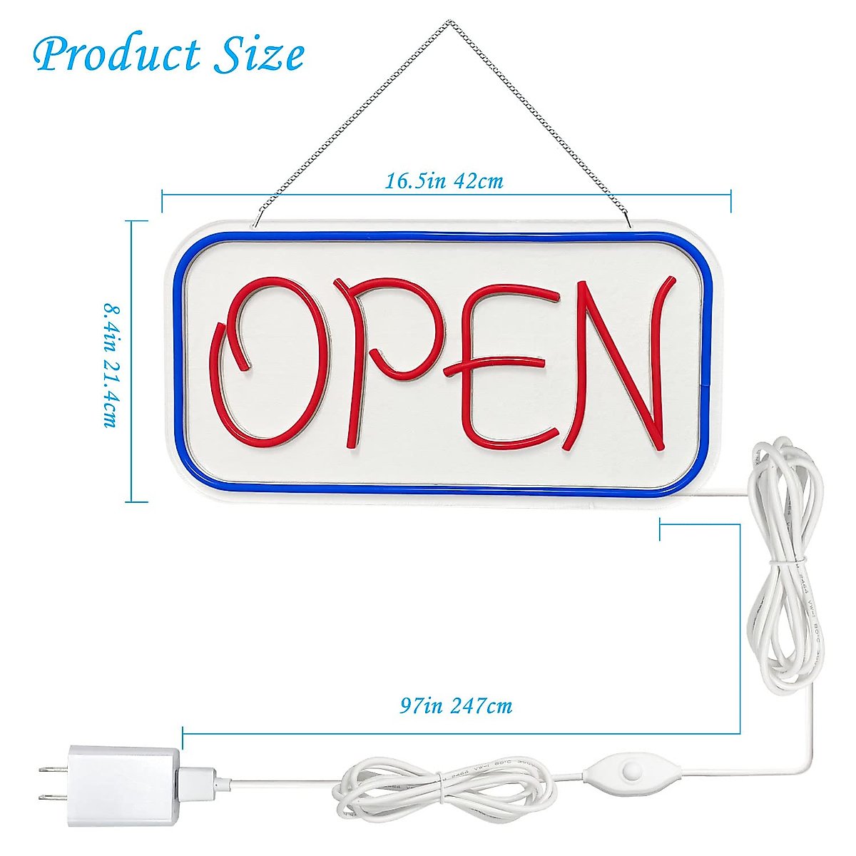 Neon Open Sign, Open Signs for Business, 16.5"x 8.4" Open Sign Led, Open Signs for Business Window With Adjustable Brightness, Open Neon Sign, Powered by USB with ON/OFF Switch