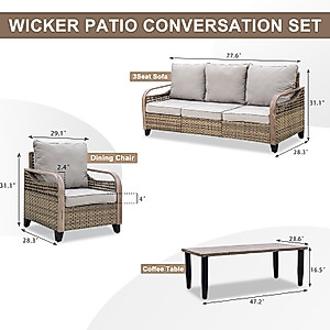 EAGLE PEAK Modern Wicker Outdoor Patio Furniture Set, Patio Conversation Set, 2 Patio Chairs, 3-Seat Loveseat and Coffee Table, 4 Pieces, Brown/Gray