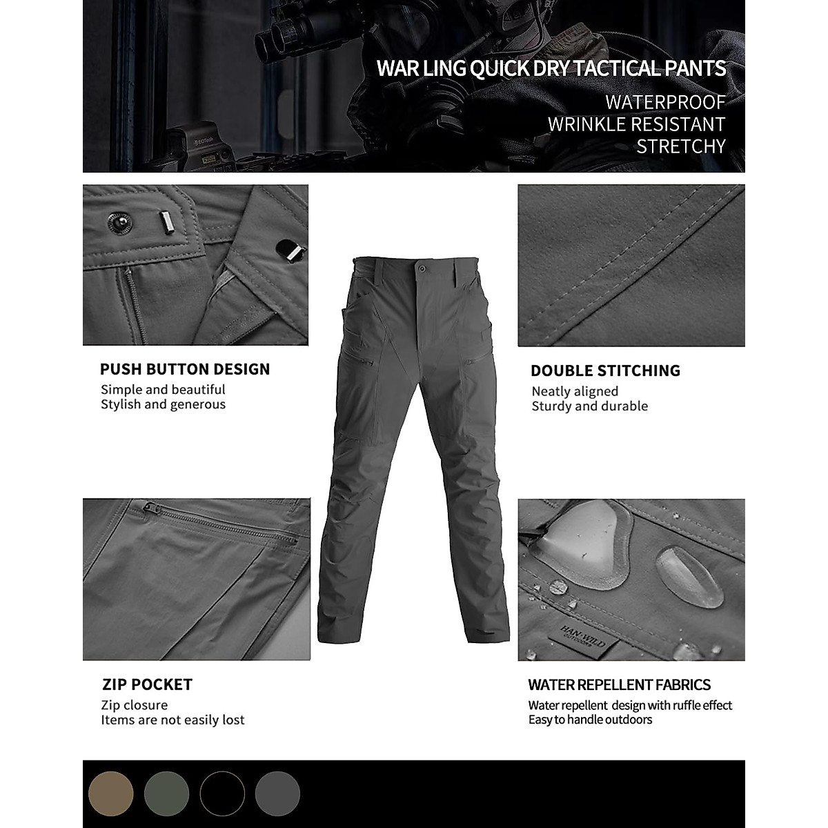 HAN·WILD Men's Tactical Pants Hiking Cargo Pant Lightweight Tear-Resistant Outdoor Combat Military Trousers Gray
