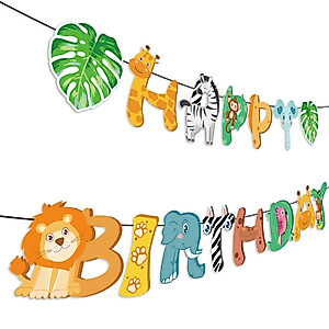 LJCL Safari Animals Happy Birthday Banner, Jungle Party Sign Jungle Animals Theme Bunting Party Decorations Supplies for Safari/Jungle Themed Birthday Party, Two Wild Party Birthday Party Supplies