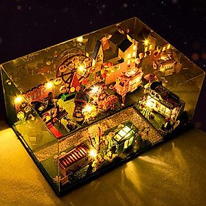 WYD 6pcs DIY Mini Car Train Shop House Combined Bus Shop Street Model 3D Wooden Miniature Dollhouse Kit with LED Lights and Furniture Kits (6PCS Car) for Friends