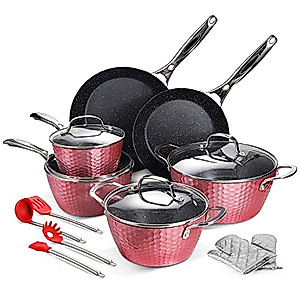 FRUITEAM Hammered Cookware 16-Piece Home Kitchen Ware Pots Pan Set with Non-stick Coating, Aluminum Induction Cooking Pots, Includes Fry Pans, Saucepans, Stock Pots, Rose
