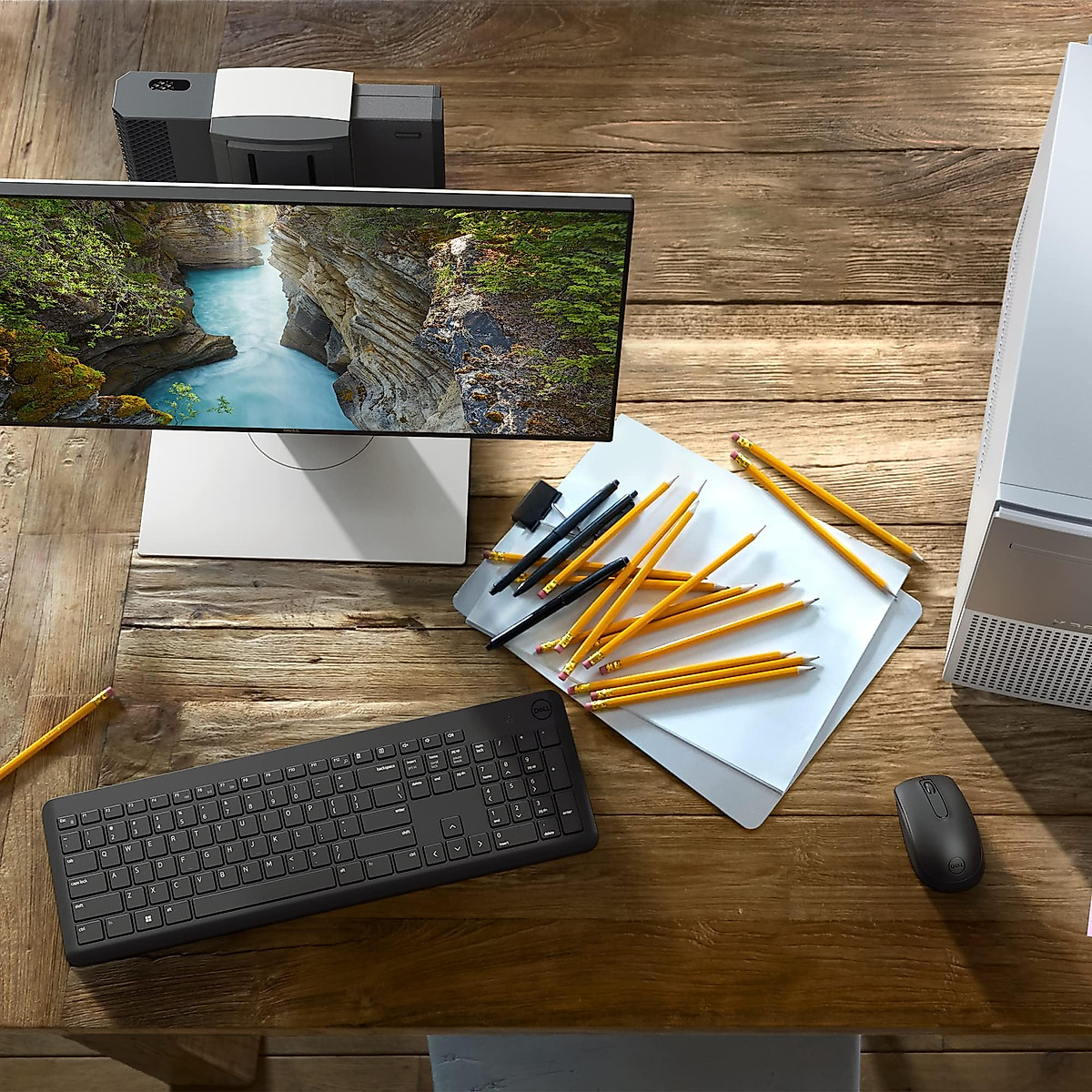 Dell Wireless Keyboard and Mouse - KM3322W, Wireless - 2.4GHz, Optical LED Sensor, Mechanical Scroll, Anti-Fade Plunger Keys, 6 Multimedia Keys, Tilt Leg - Black