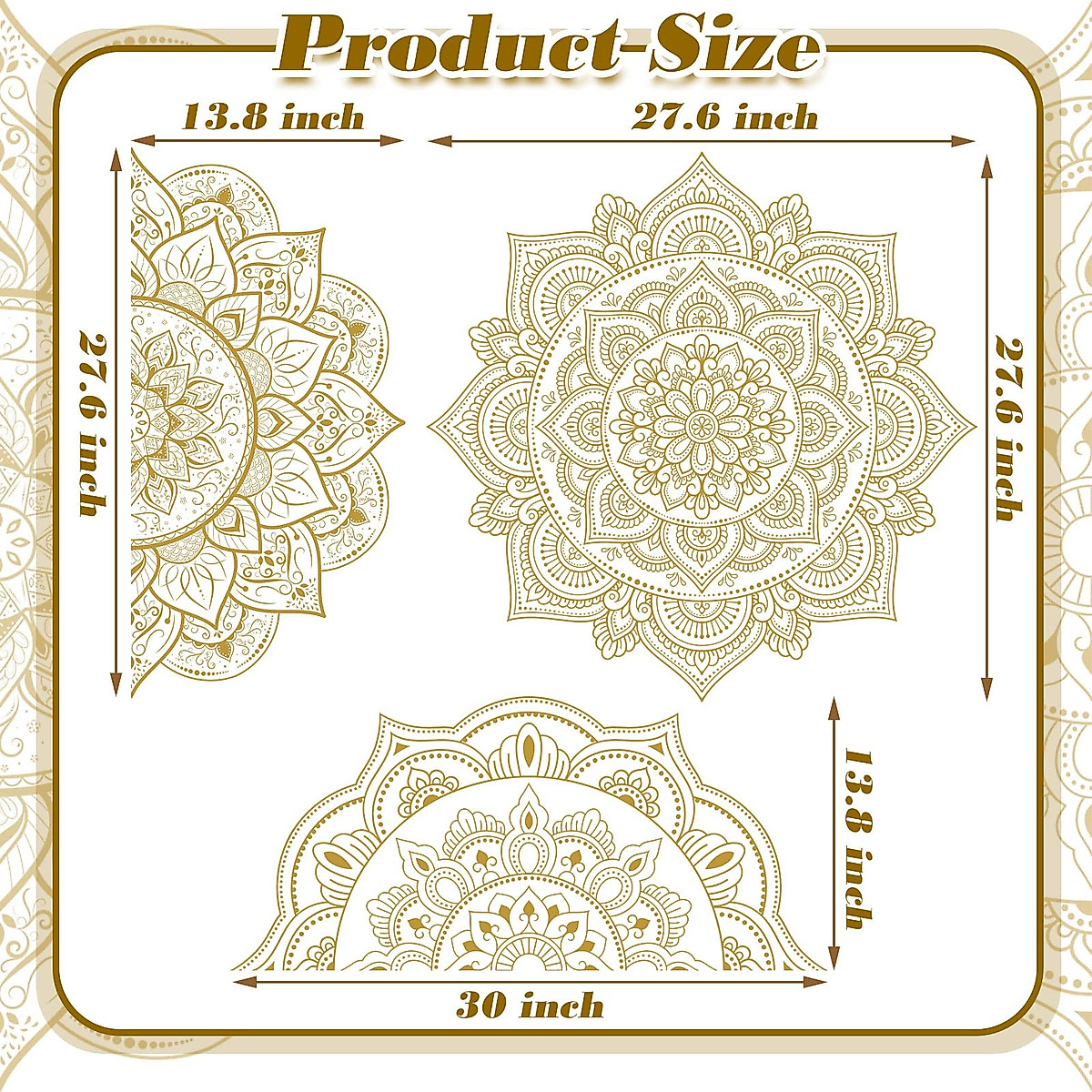 4 Pcs Half Mandala Wall Decal Boho Mandala Wall Sticker Hippie Mandala Vinyl Wall Decals Flower Wall Stickers Headboard Wall Decoration Indian Namaste Flower for Bedroom Living Room Yoga (Gold)