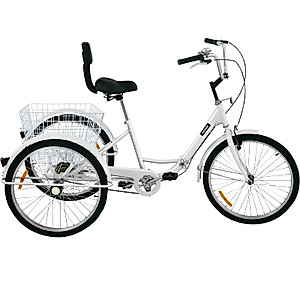 Bkisy Tricycle Adult 24'' Wheels Adult Tricycle 1-Speed 3 Wheel Bikes White for Adults Three Wheel Bike for Adults Adult Trike Adult Folding Tricycle Foldable 3 Wheel Bike for Adults (White)