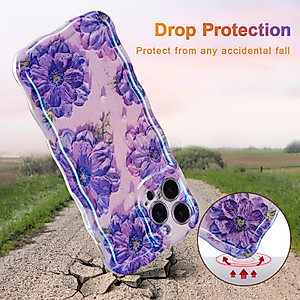 EYZUTAK Case for iPhone 13 Pro Max, Colorful Retro Oil Painting Printed Flower Laser Glossy Pattern Cute Curly Wave Edge Exquisite Phone Cover Stylish Durable TPU Protective Case for Girl Women-Purple