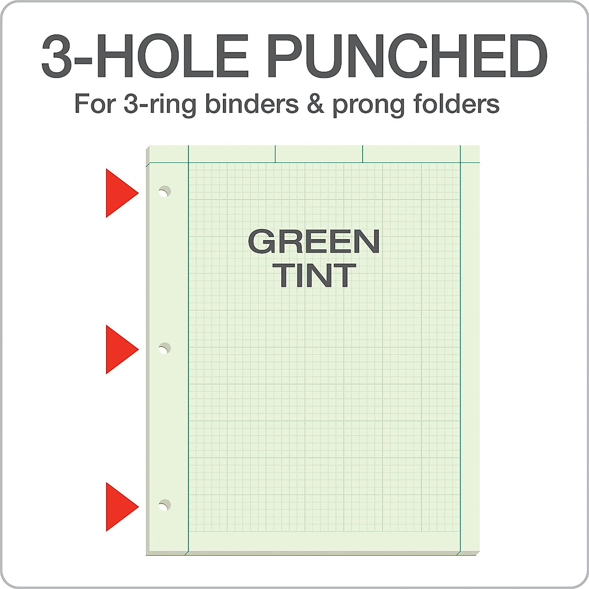 TOPS Engineering Computation Pads 3 Pk, 8-1/2" x 11", Glue, 5 x 5 Graph Rule on Back, Green Tint Paper, 3-Hole Punched, 100 Sheets per Pad (35507)
