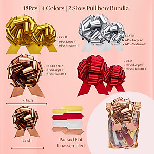 UNIQOOO 48PCS Metallic Rose Gold, Red, Gold, Silver Gift Wrap Pull Bow Set, 6 Inch Large 4'' Medium, Assorted Ribbon for Gift Basket Box Bag Wrapping Décor Valentines Day Wedding Birthday Anniversary