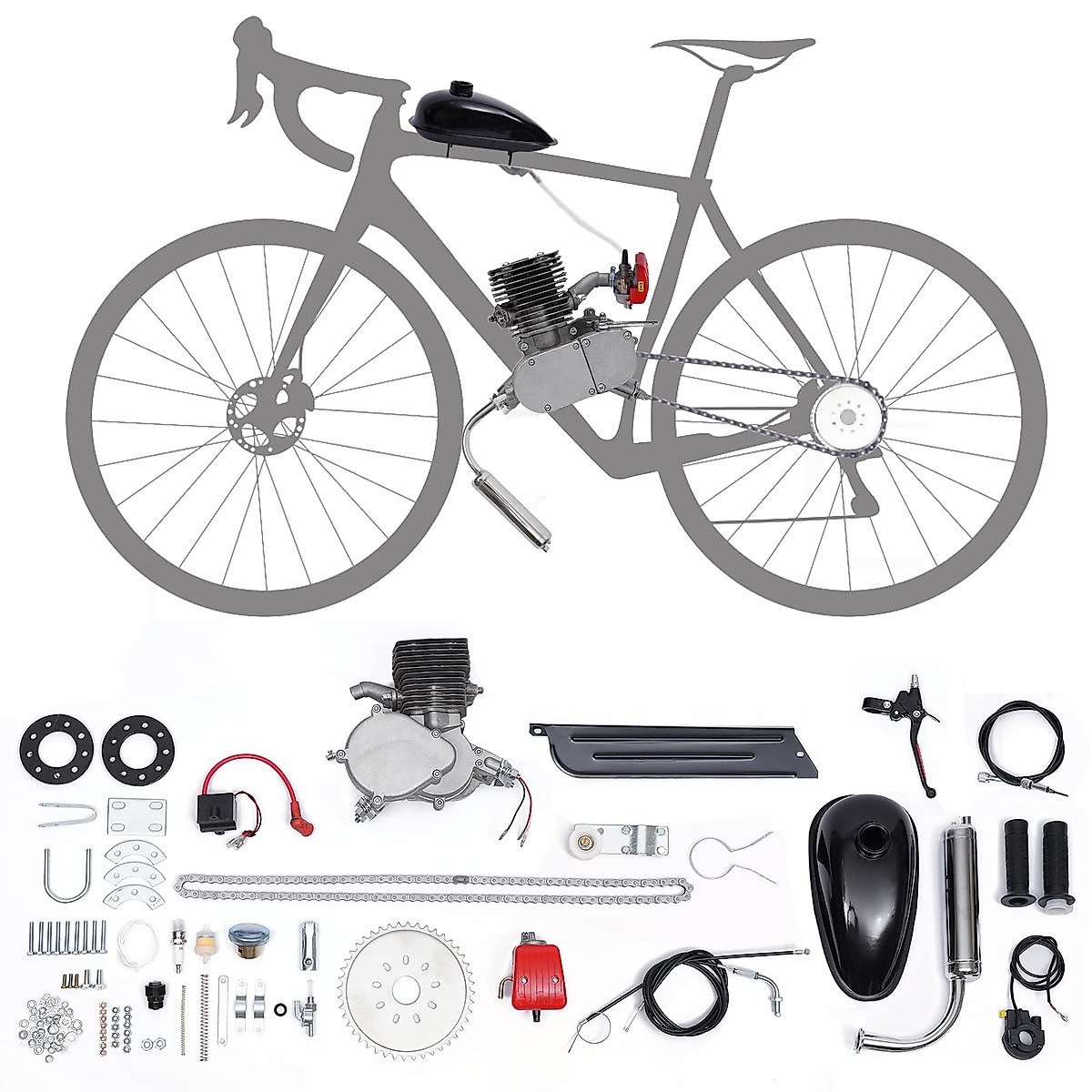 Upgraded 100cc Bicycle Engine, 2 Stroke Motorized Bike Motor Conversion Kit CDI Air-Cooling Petrol Gas Fit for 26"-28" Bikes with V-Frame, Super Fuel-efficient Air-Cooling Modified Full Set