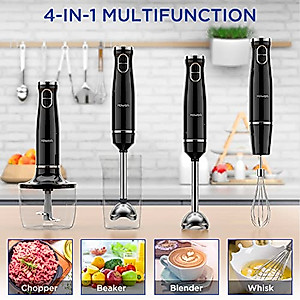 Howork 1000W Immersion Hand Blender, 4-in-1 Multifunctional 2 Speed Stainless Steel Handheld Stick Blender, Titanium Cross Blade, 600ml Mixing Beaker and 500ml Food Processor, Egg Whisk Attachment, Dishwasher Safe, Black
