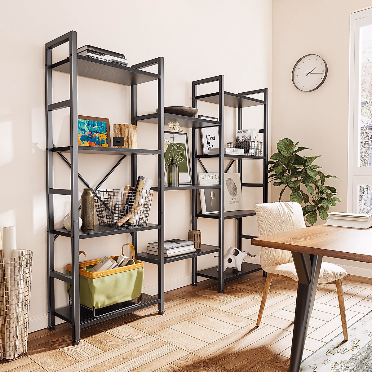 SUPERJARE Triple 4 Tier Bookshelf, Bookcase with 11 Open Display Shelves, Wide Book Shelf Book Case for Home & Office, Black