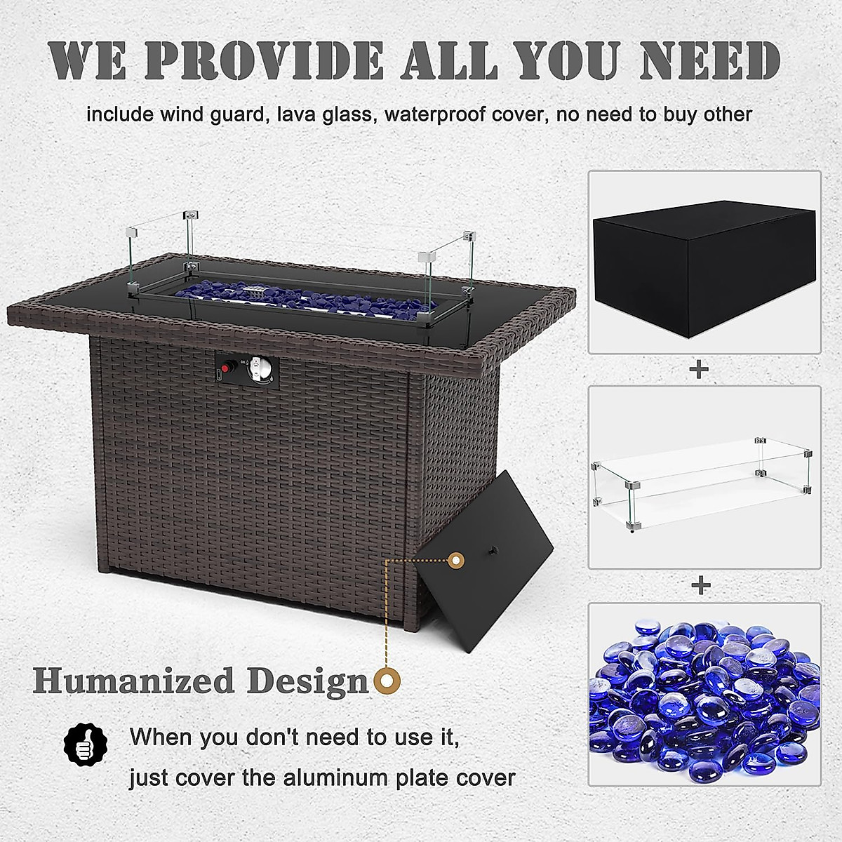 Vakollia 7 Pieces Patio Furniture Set with 44" Propane Gas Fire Pit Table, Outdoor Sectional Brown Rattan Wicker Conversation Sofa Sets with Coffee Table